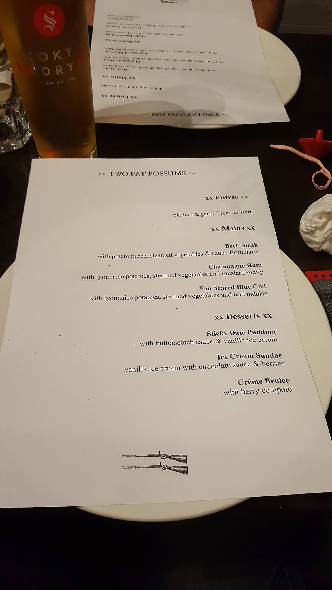 Menu at Two Fat Possums restaurant, West Melton