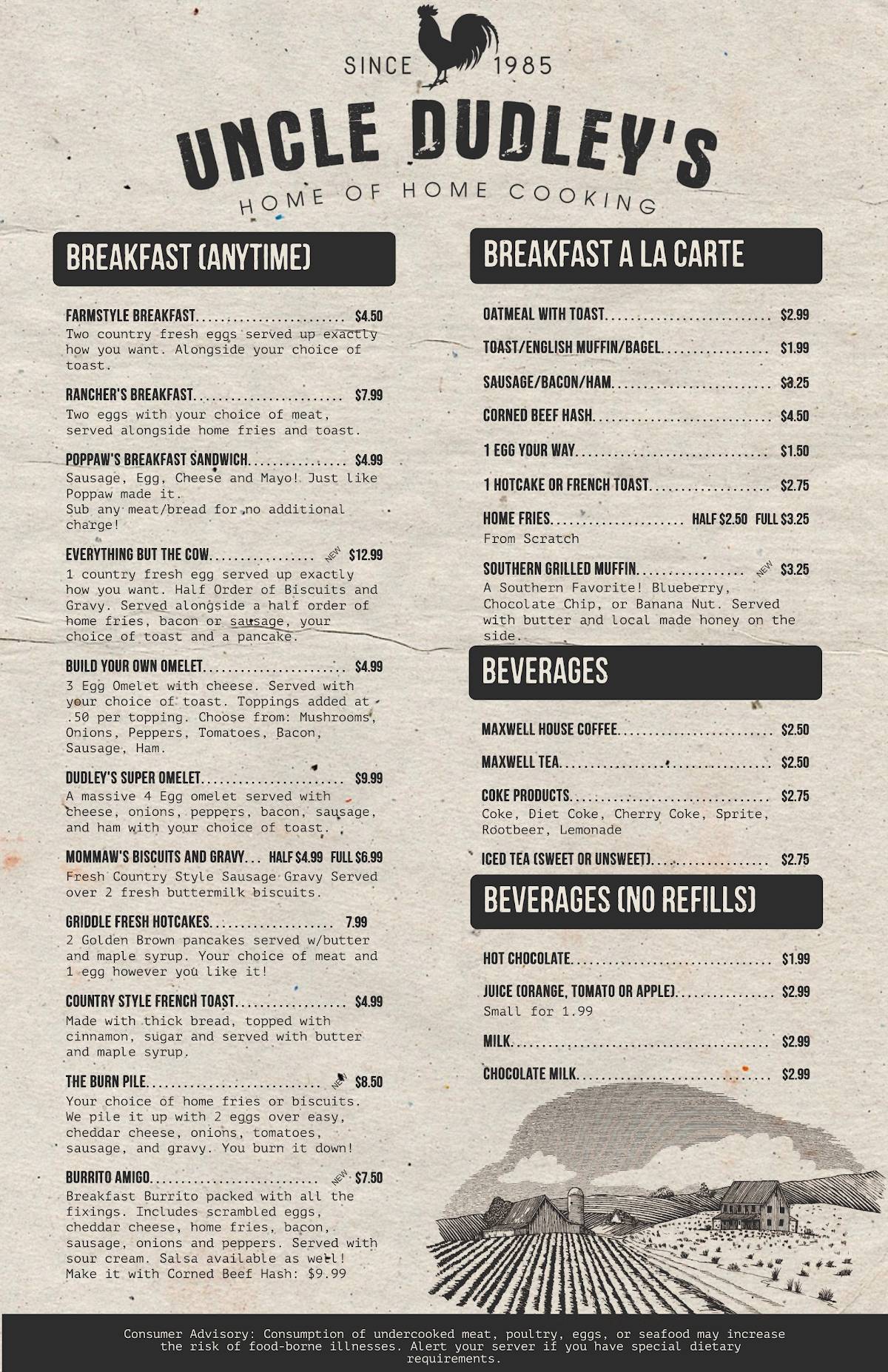 Menu at Uncle Dudley's Restaurant, Willard