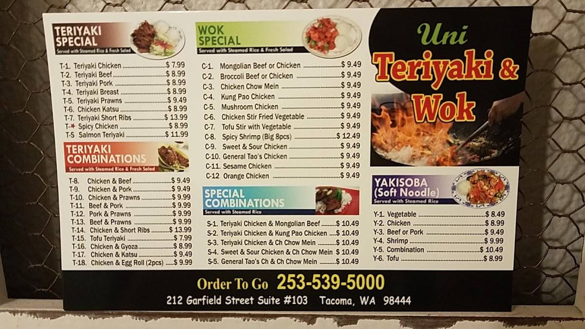 Menu at Uni Teriyaki restaurant, Tacoma