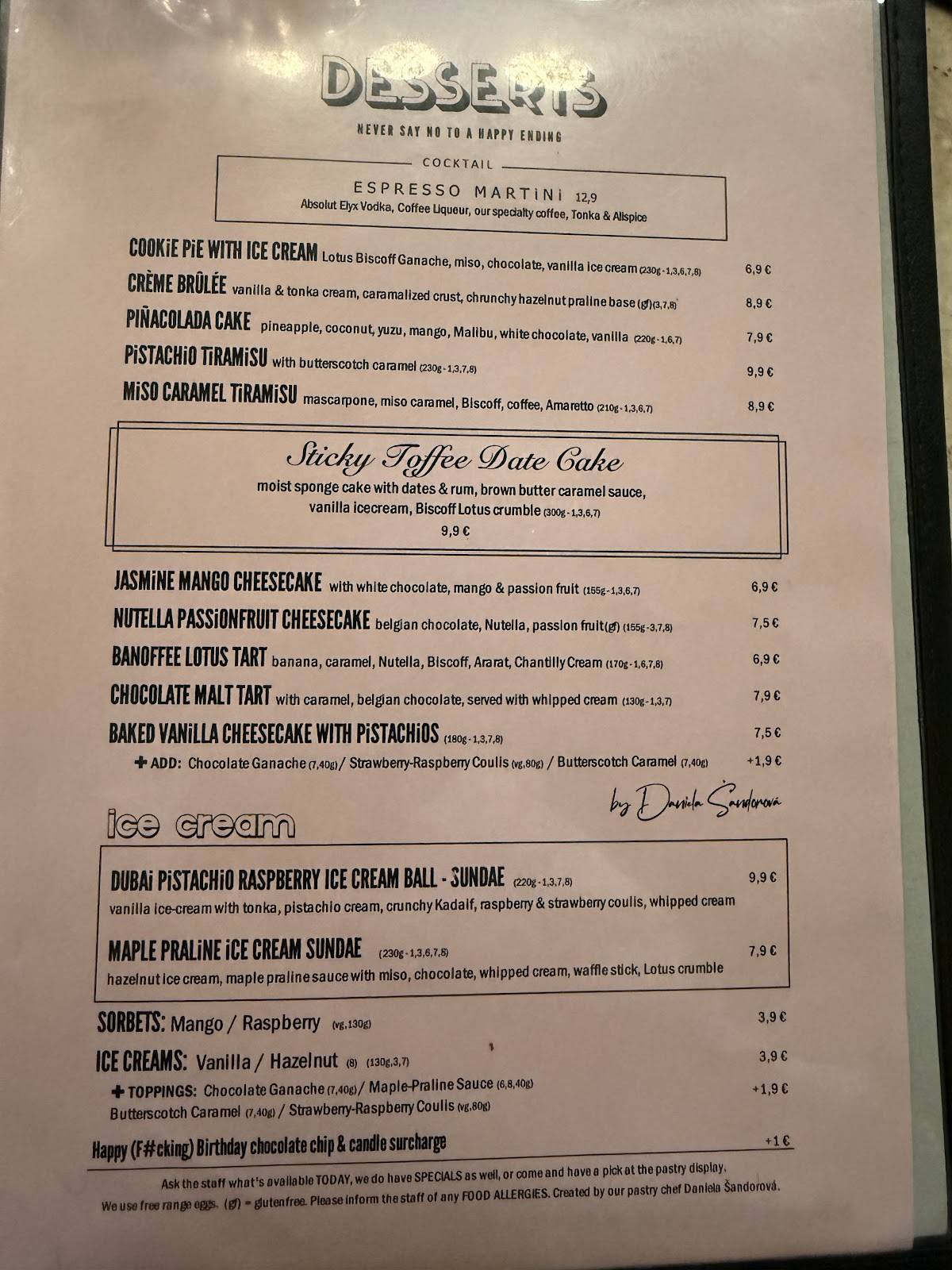Menu at Urban House restaurant, Bratislava