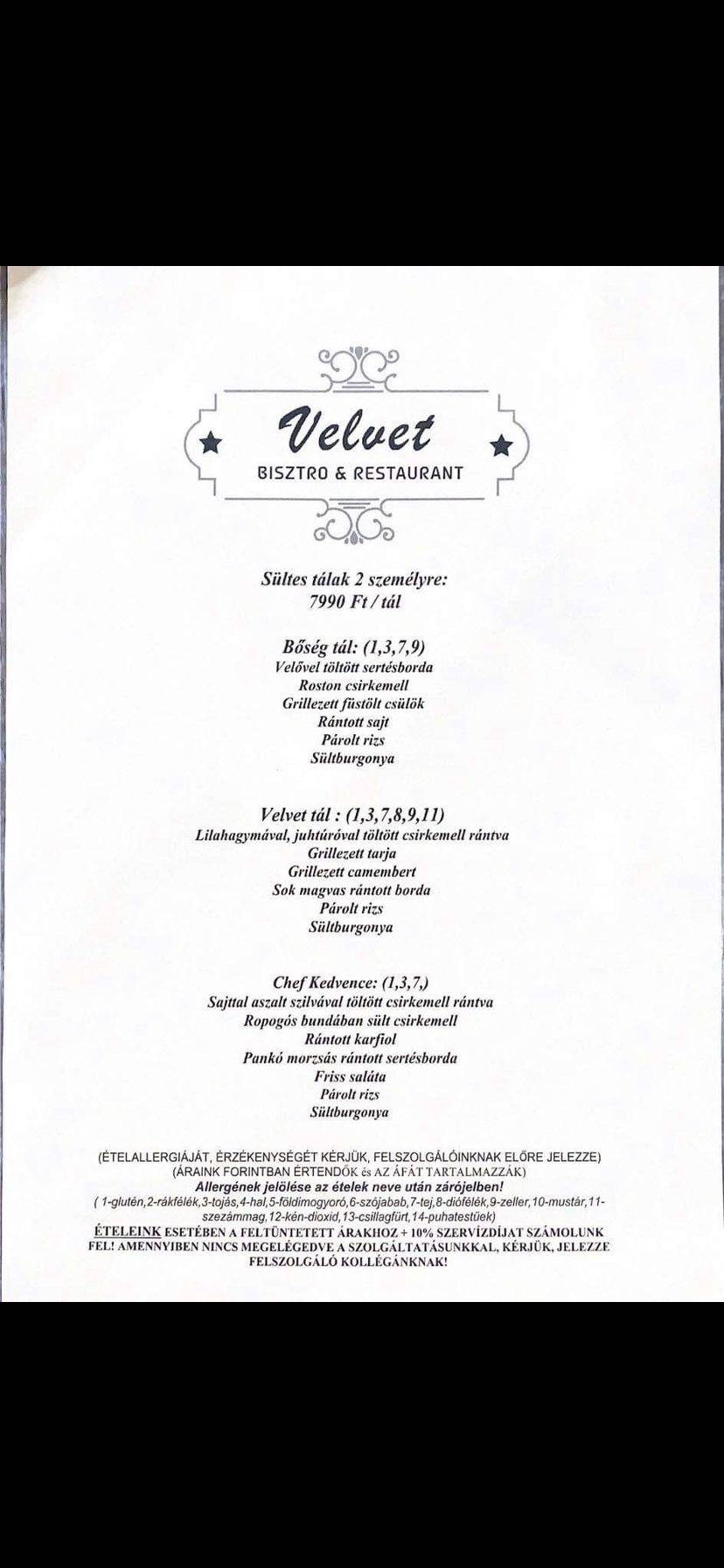 Menu at Velvet Restaurant, Halmaj