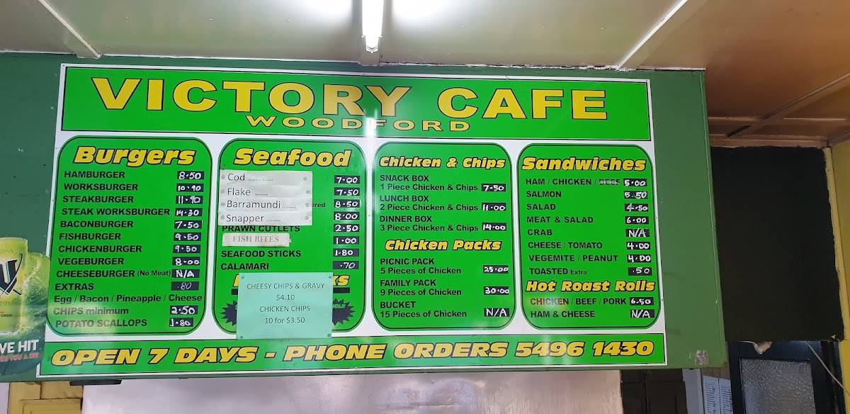 Menu at Victory Cafe, Woodford, 96 Archer St
