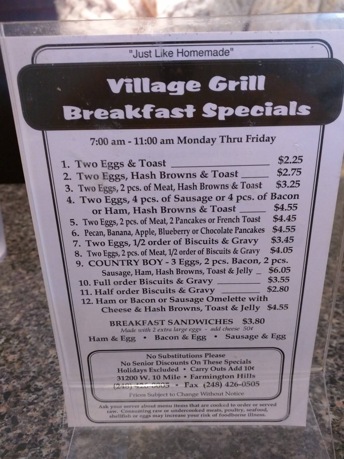 Menu at Village Grill of Farmington Hills restaurant, Farmington Hills ...
