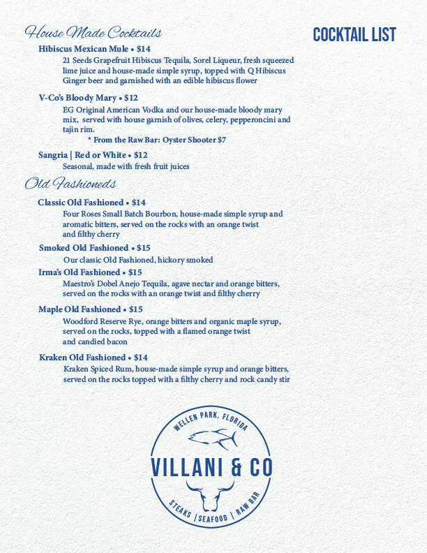 Menu at Villani & Co Wellen Park Steak Seafood Raw Bar, Venice