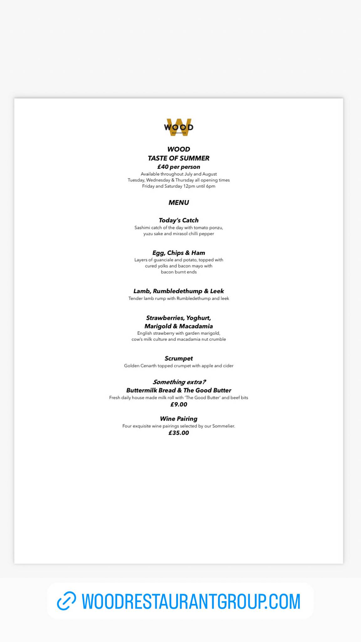 Menu at WOOD Manchester by Simon Wood restaurant, Manchester