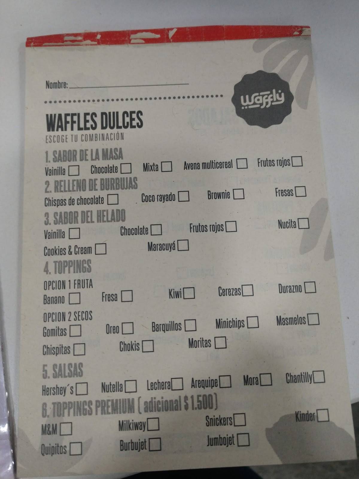 Carta del café Waffly, Pasto, Cl 20 #33 29