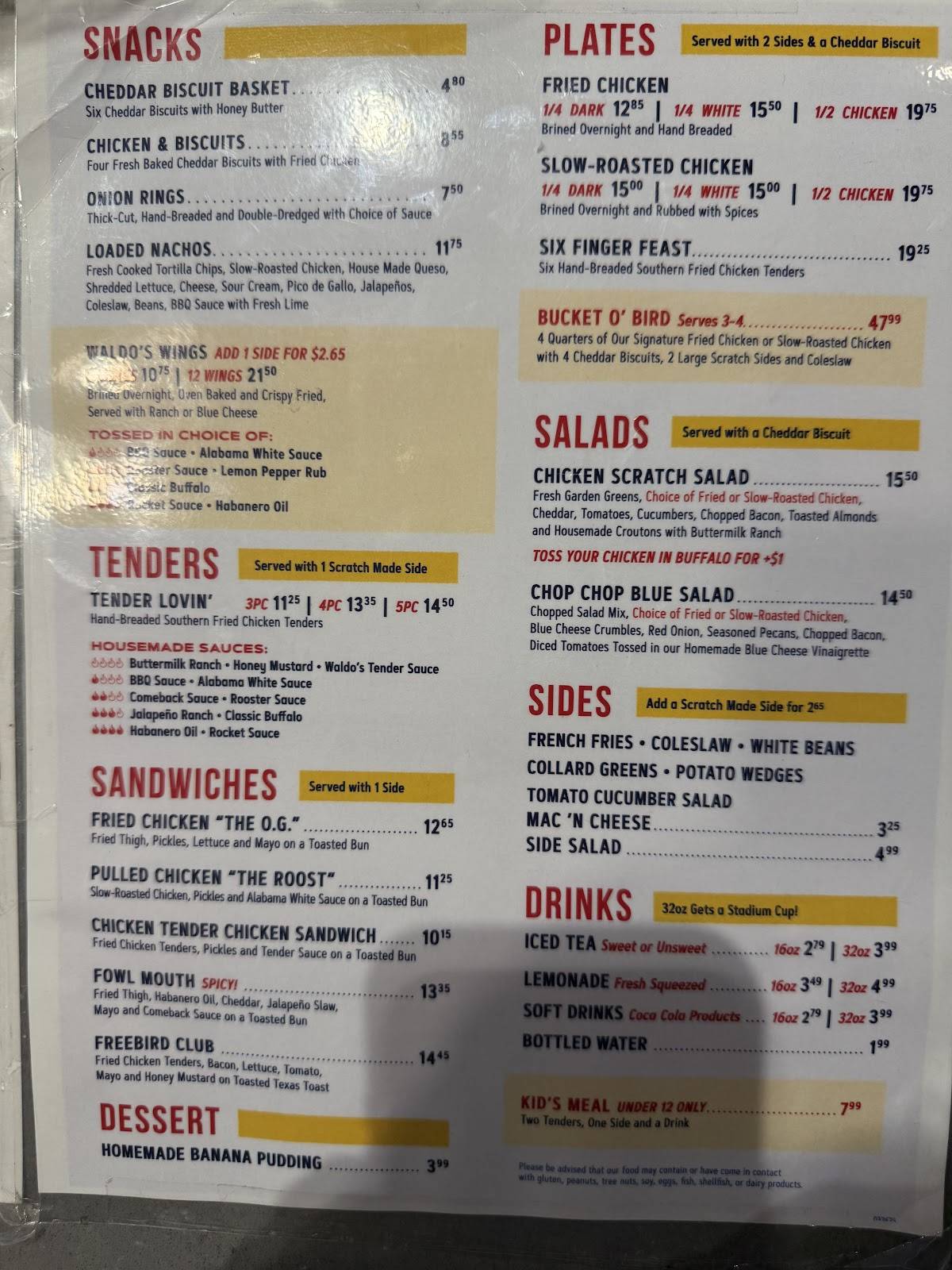Menu at Waldo’s Chicken & Beer restaurant, Miramar Beach