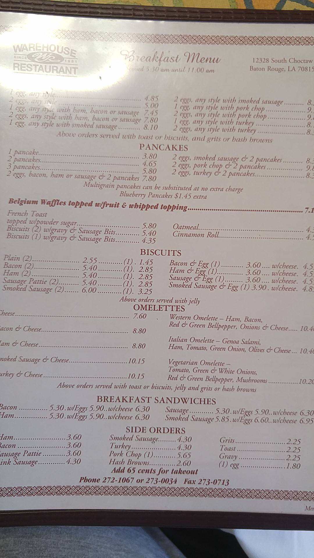 Menu at Warehouse Restaurant, Baton Rouge