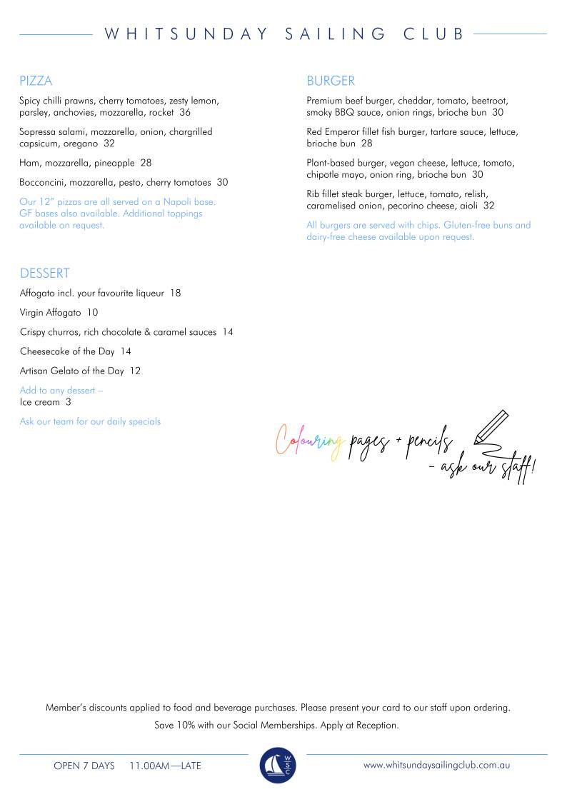 Menu at Whitsunday Sailing Club, Airlie Beach, 11 Ocean Rd