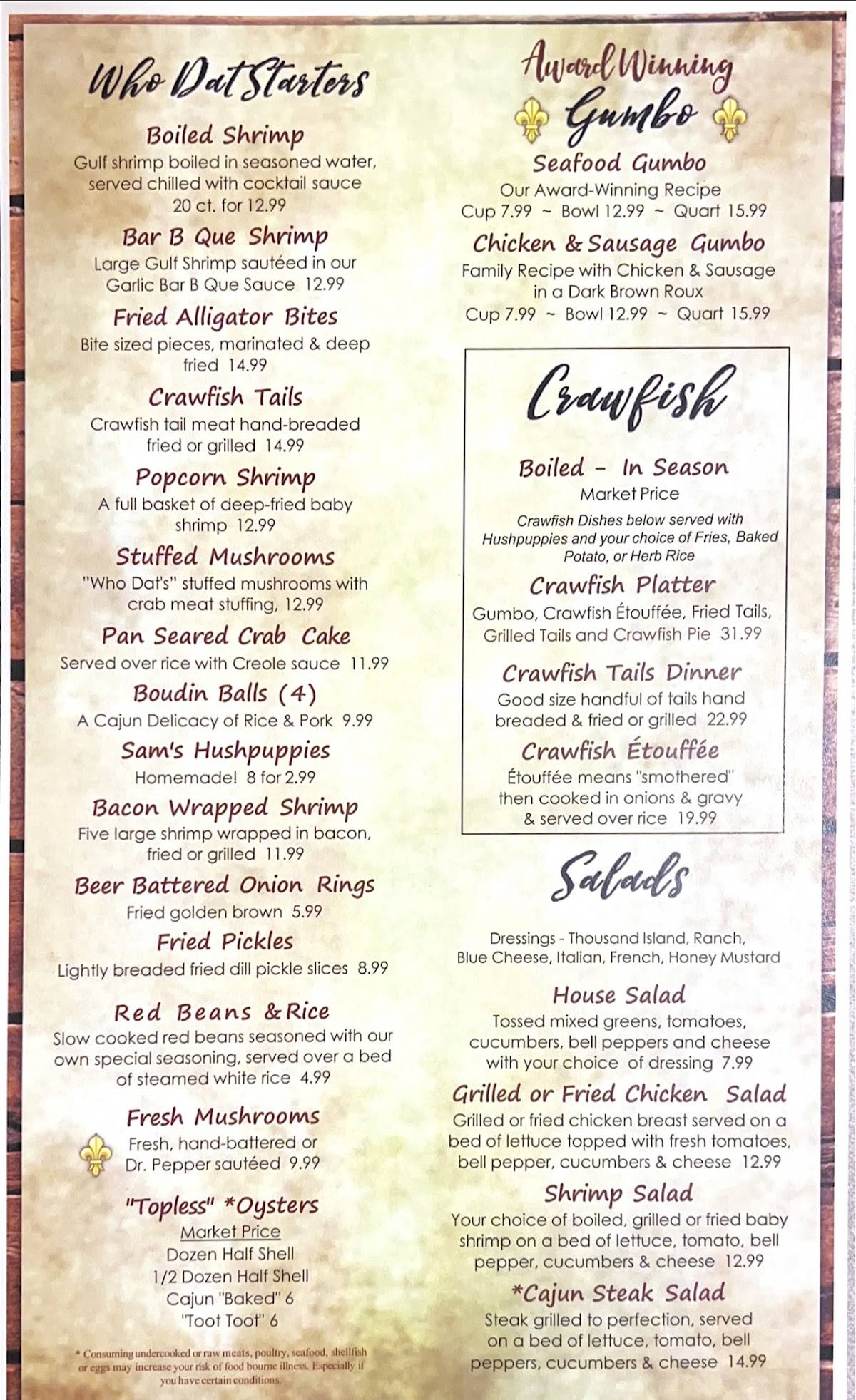 Menu at Who Dat's Cajun Restaurant, Bald Knob