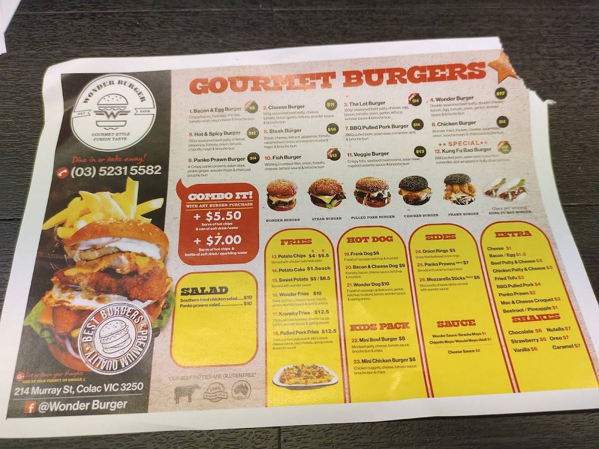 Menu at Wonder Burger restaurant, Colac