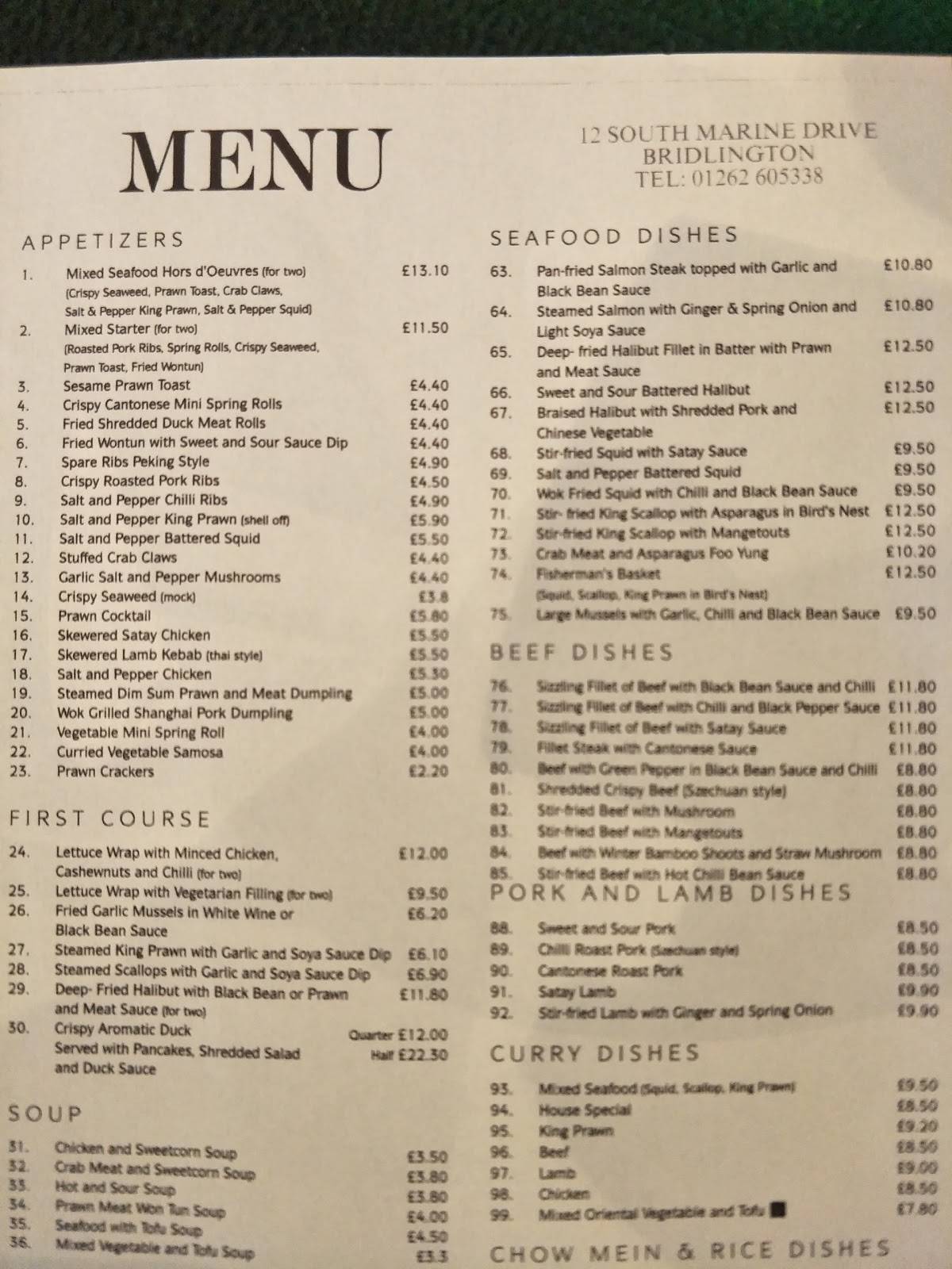 Menu at Yips Chinese Restaurant, Bridlington