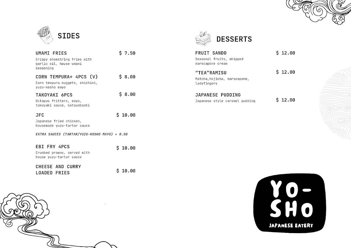 Menu at Yo-Sho Japanese Eatery restaurant, Australia