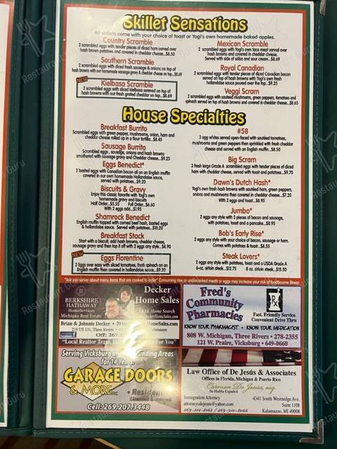 Menu at Yogi's restaurant, Vicksburg