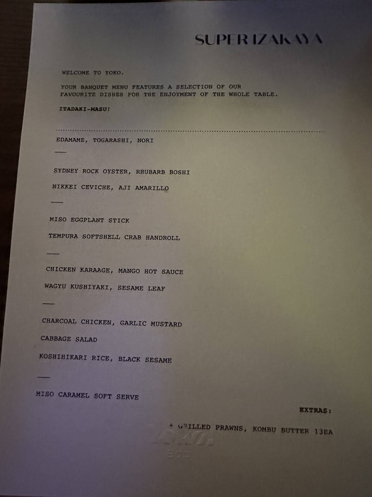 Menu at Yoko Dining restaurant, Brisbane City