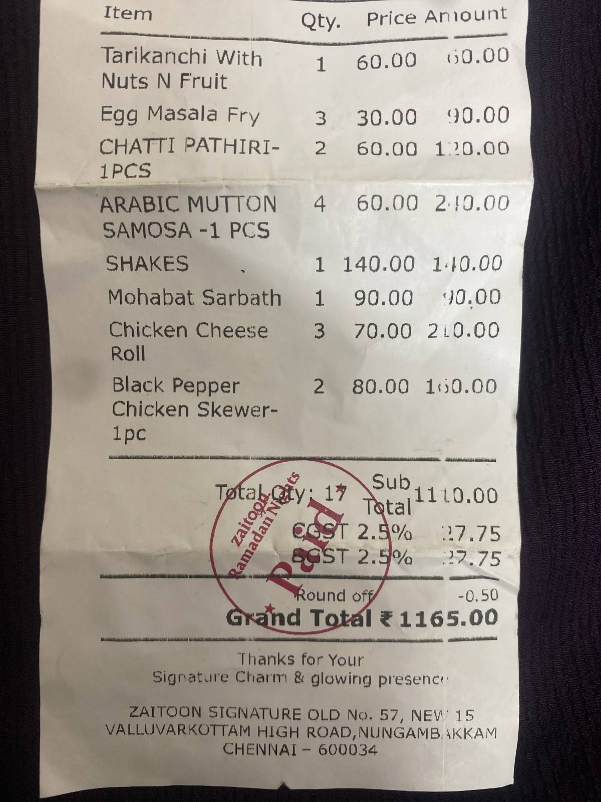 Menu at Zaitoon Signature, Chennai