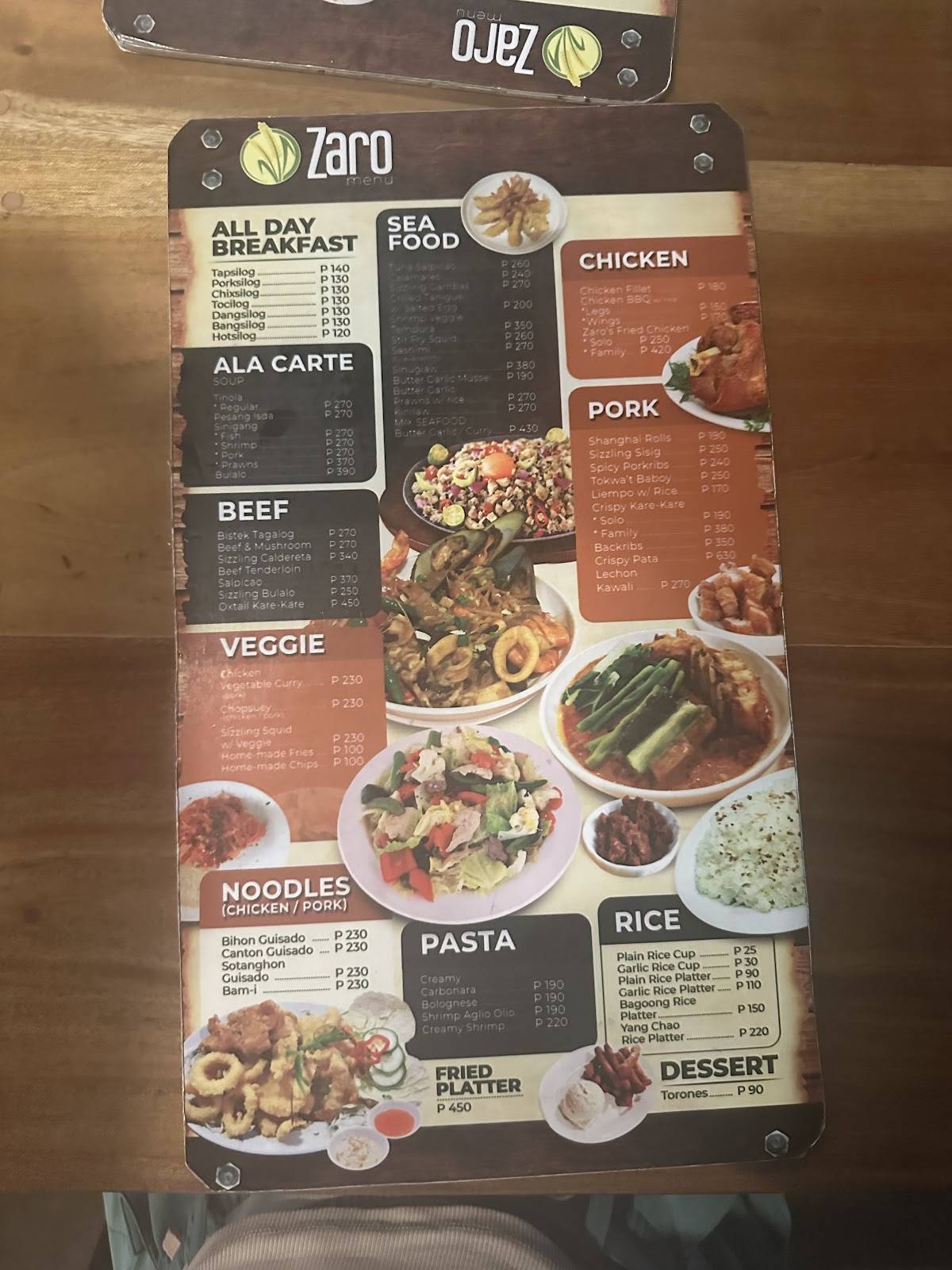 Menu at Zaro restaurant, Puerto Princesa