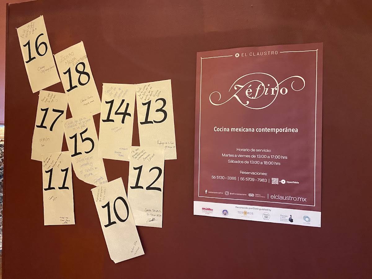 Carta del restaurante Zéfiro, Ciudad del México