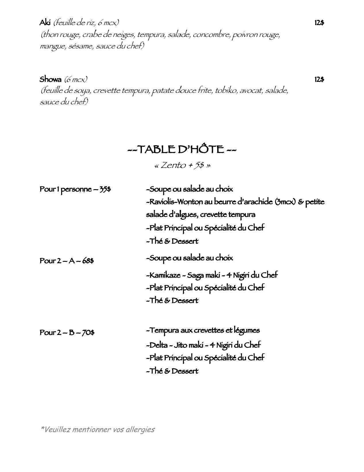 Menu au Zen Restaurant, L'Assomption, 372 Bd de l'Ange-Gardien