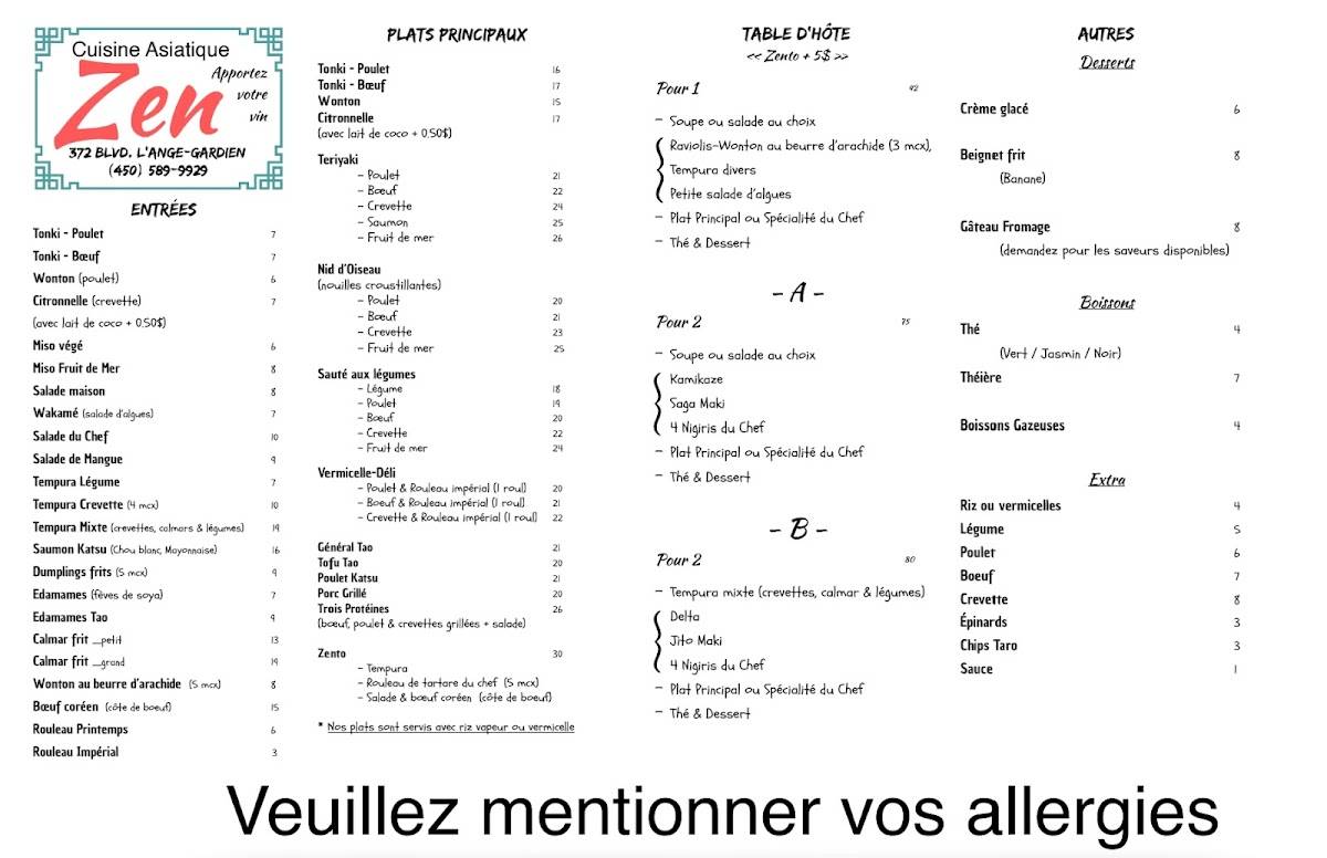 Menu au Zen Restaurant, L'Assomption, 372 Bd de l'Ange-Gardien