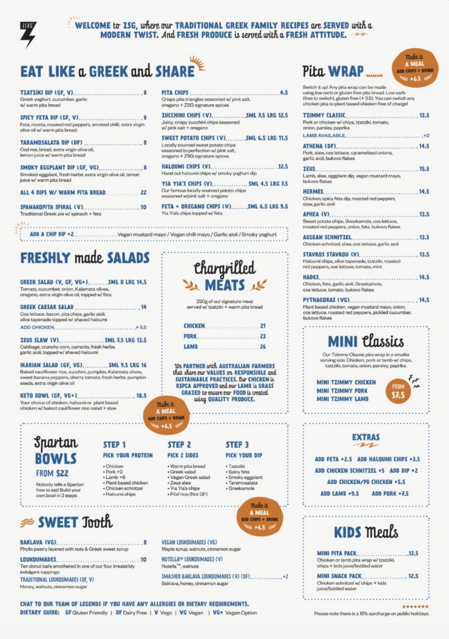 Menu at Zeus Street Greek North Point restaurant, North Sydney, 100 ...
