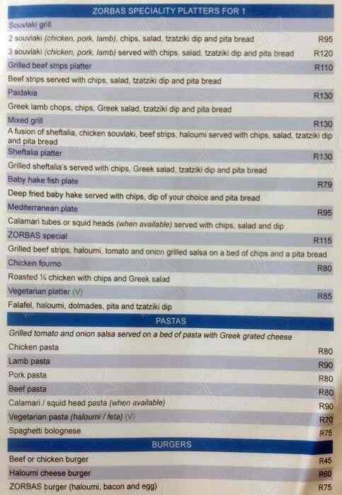 Menu at Zorbas Taverna restaurant, Boksburg