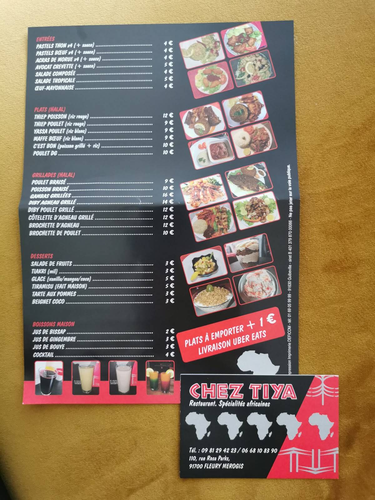 Menu au Restaurant africain Chez Tiya, Fleury-Mérogis