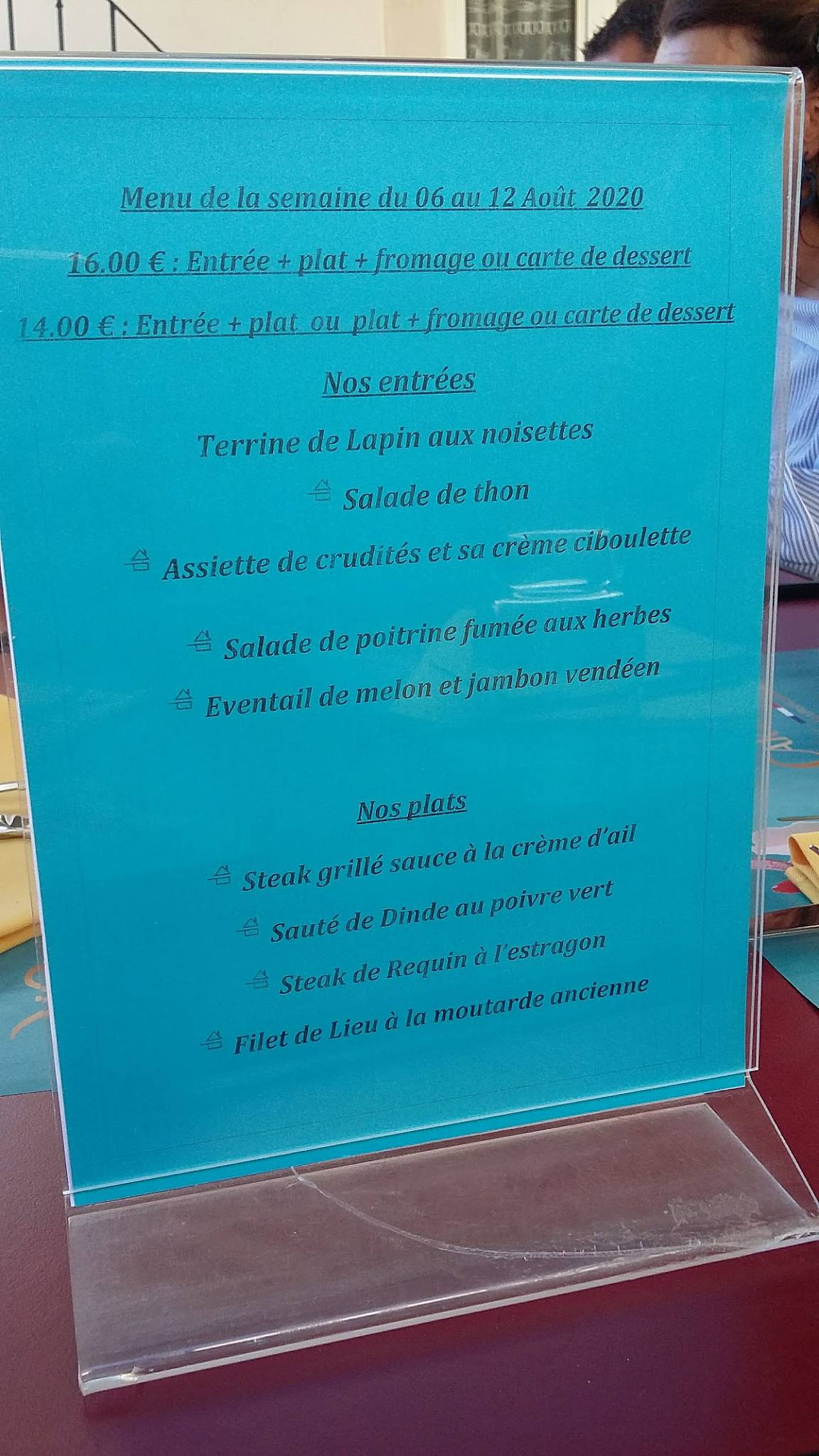 Menu au Restaurant de la Mairie, Voves