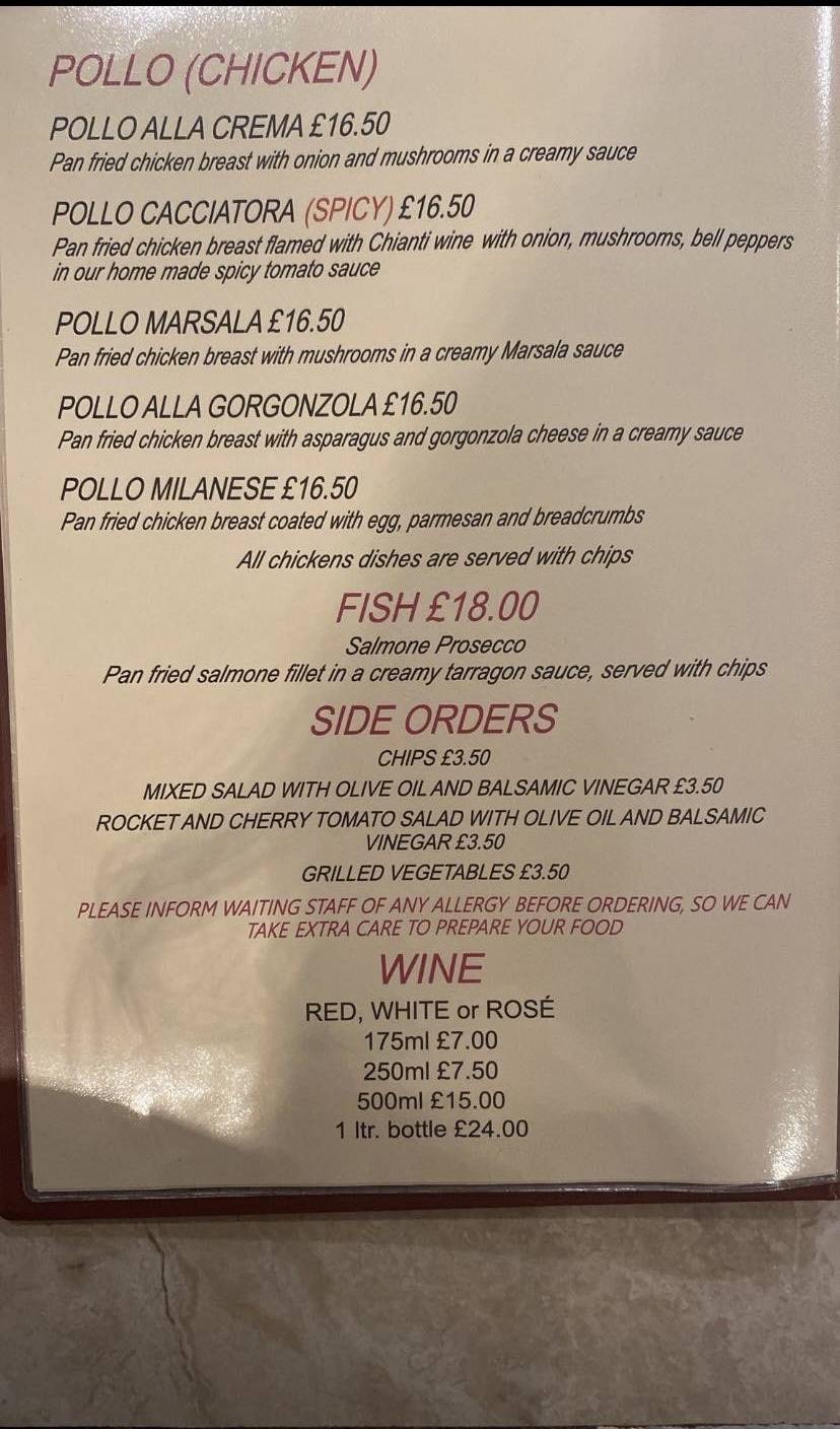 Menu at il Mulino restaurant, Bourne