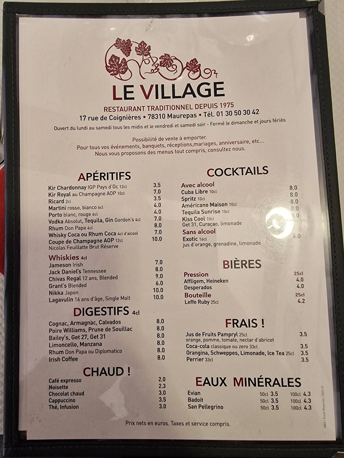 Menu au Restaurant Le Village, Maurepas