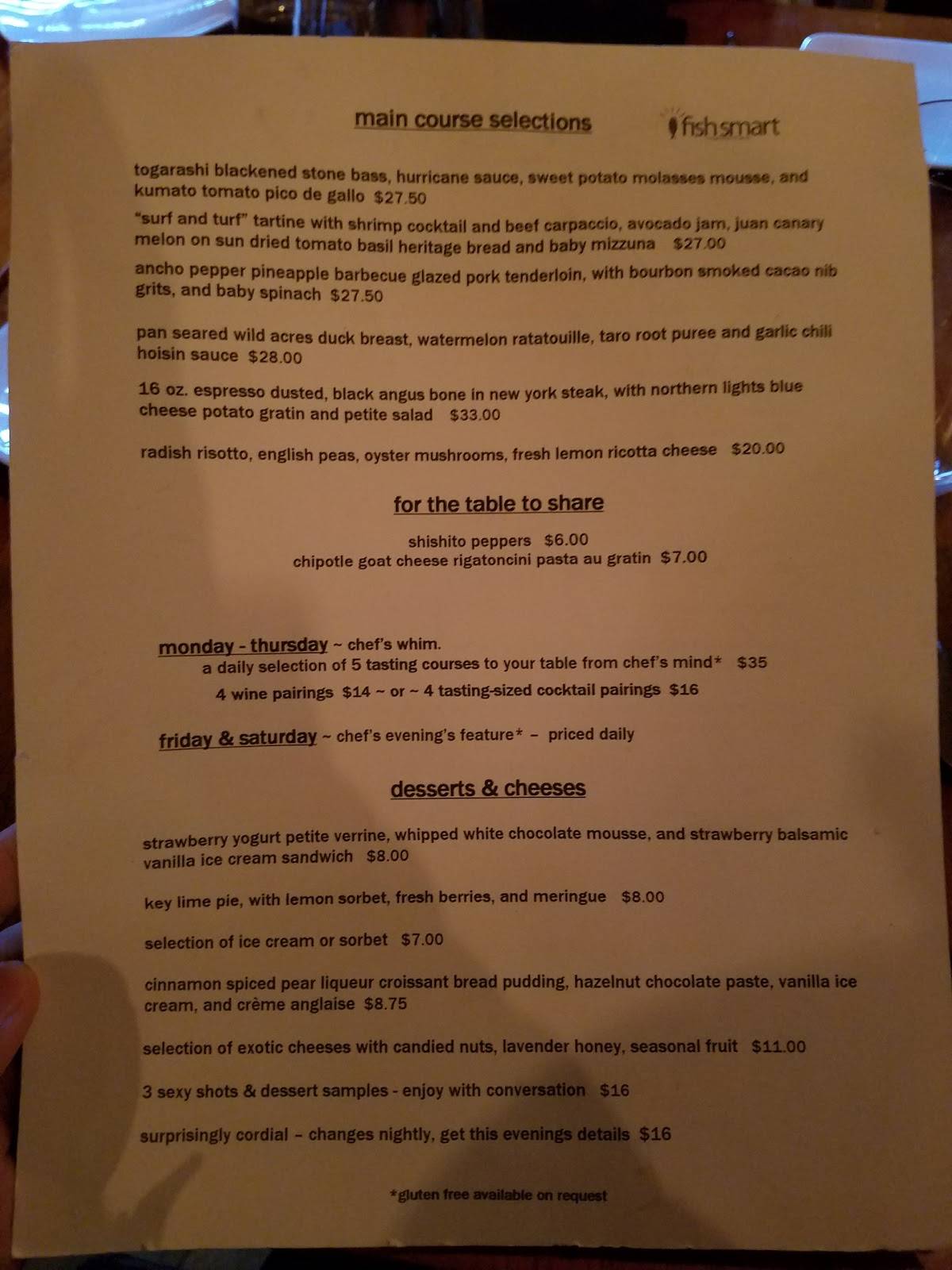 Menu at sanctuary restaurant, Minneapolis
