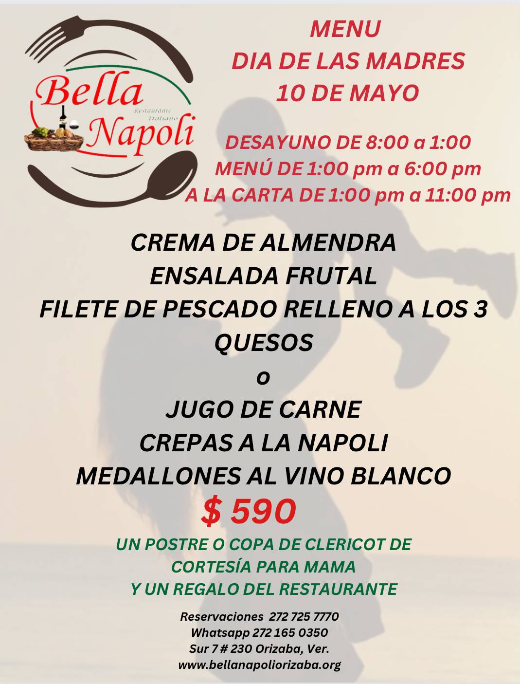 Carta del restaurante "BELLA NAPOLI" Ristorante Italiano, Orizaba