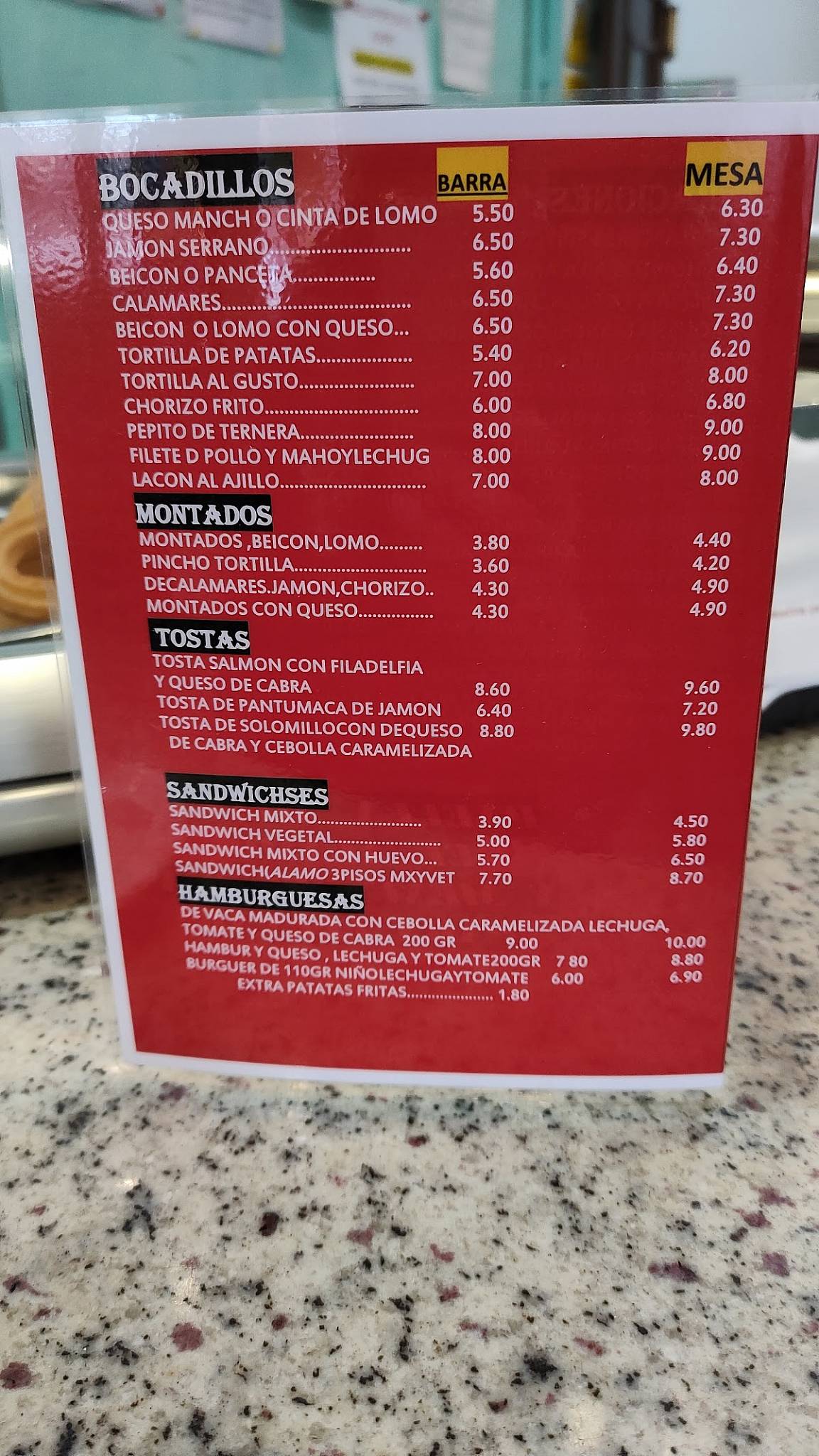 Carta del restaurante El Álamo, Madrid, C. del Diamante