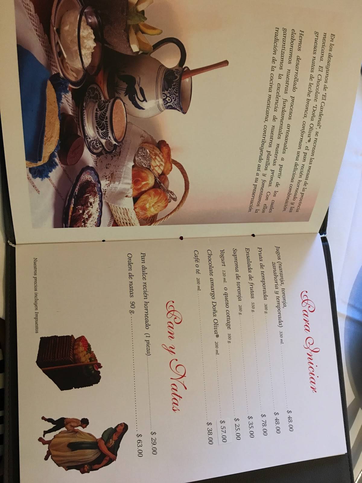 Carta del restaurante El Cardenal del San Ángel, Ciudad del México, Av ...