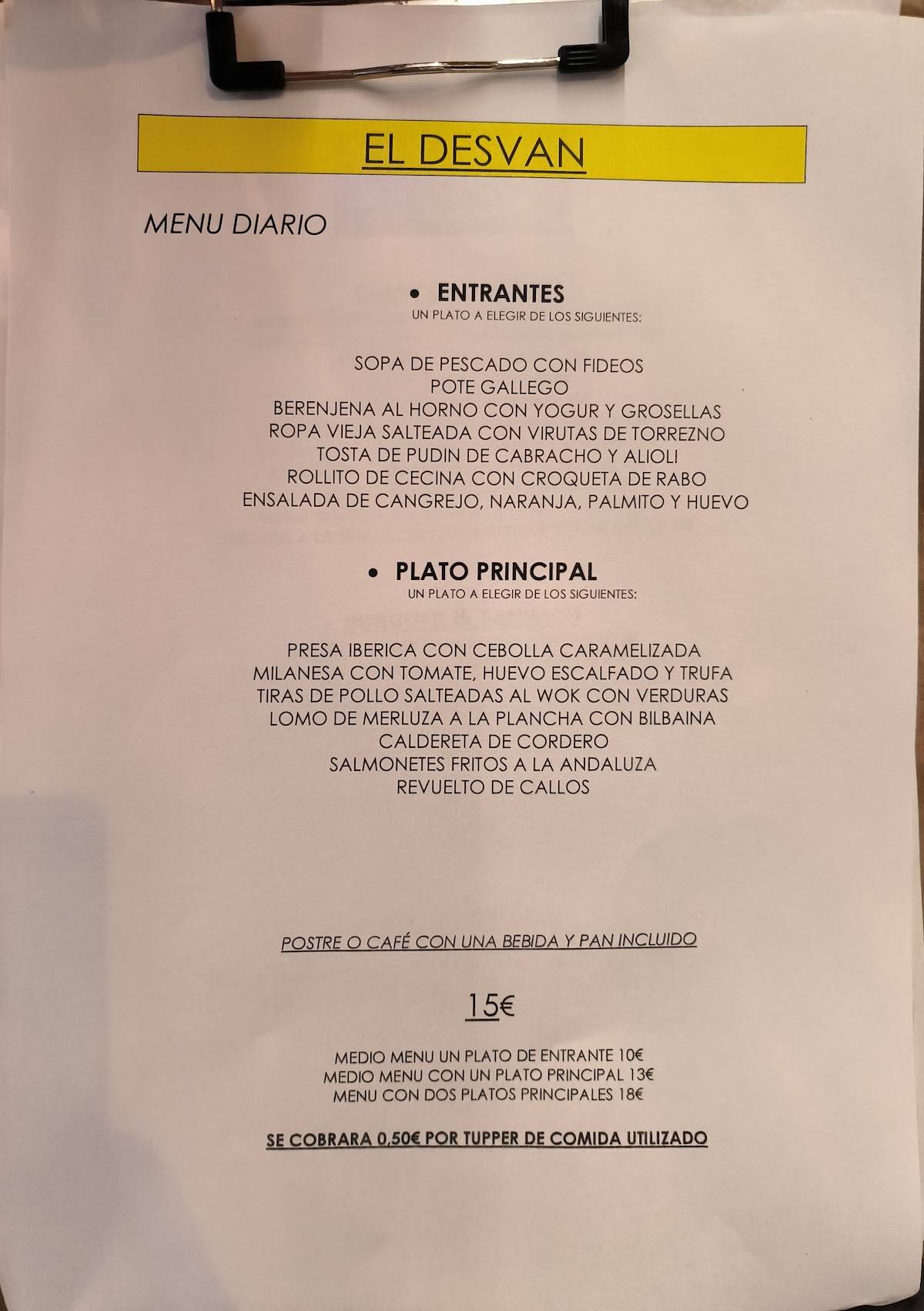 Carta de Restaurante El Desván, Madrid, C. de Aquitania