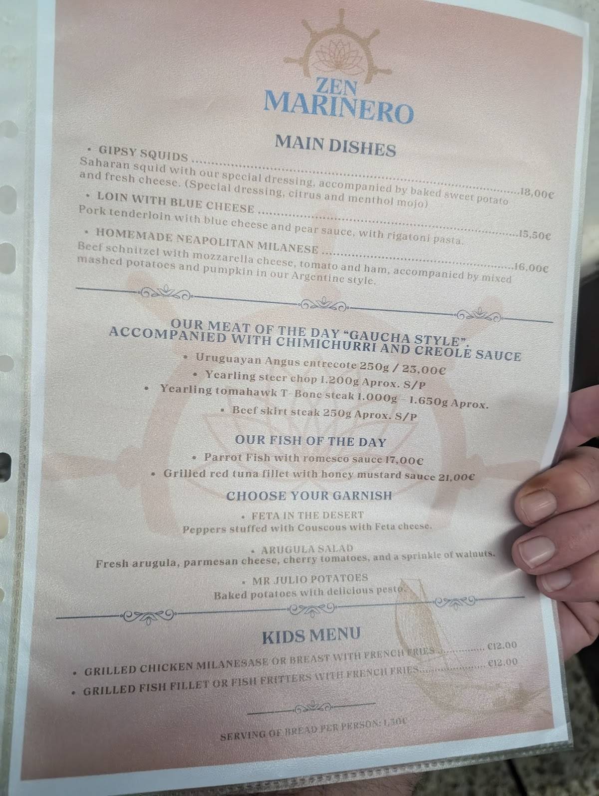 Carta de Restaurante El Marinero, Caleta del Sebo