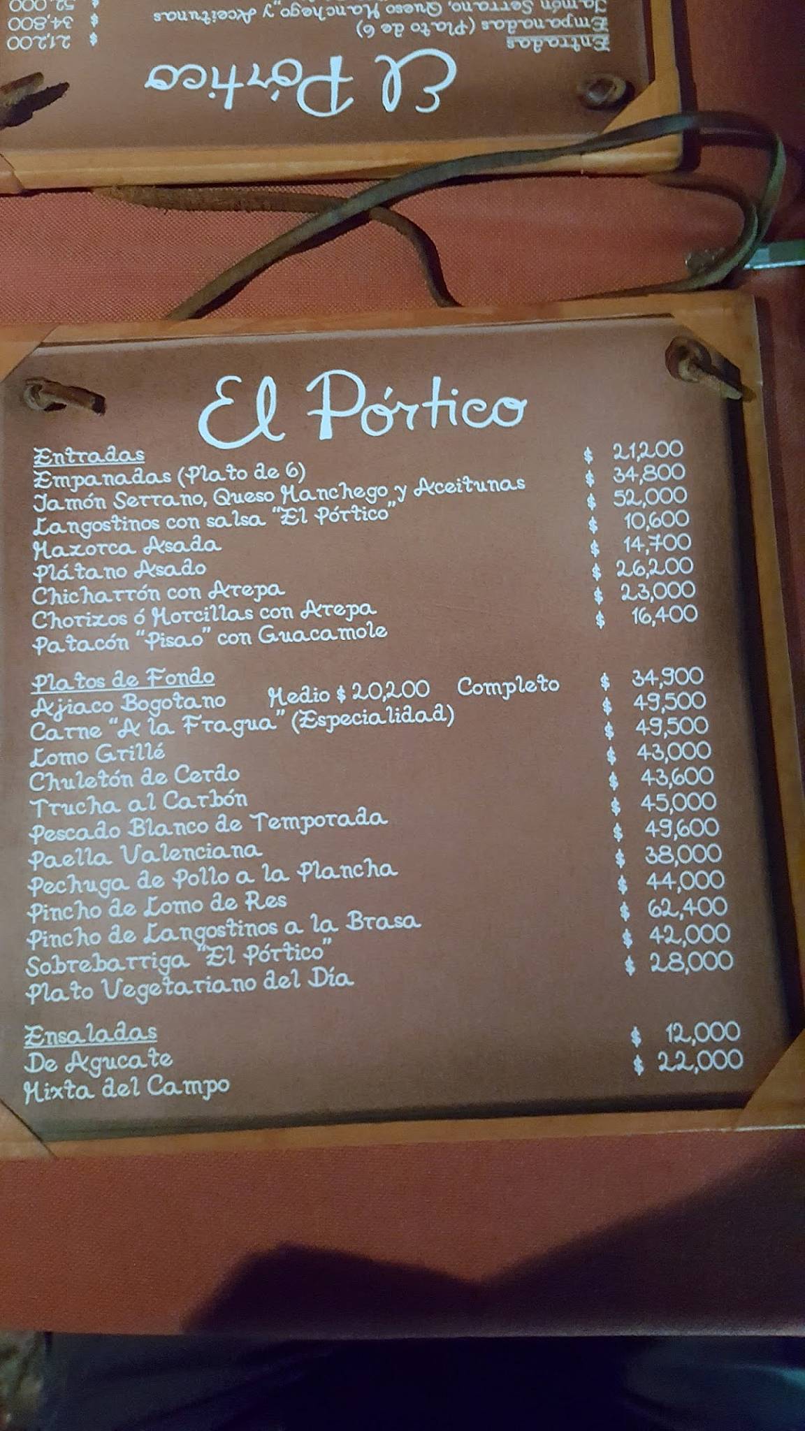 Carta de Restaurante El Portico, Chía