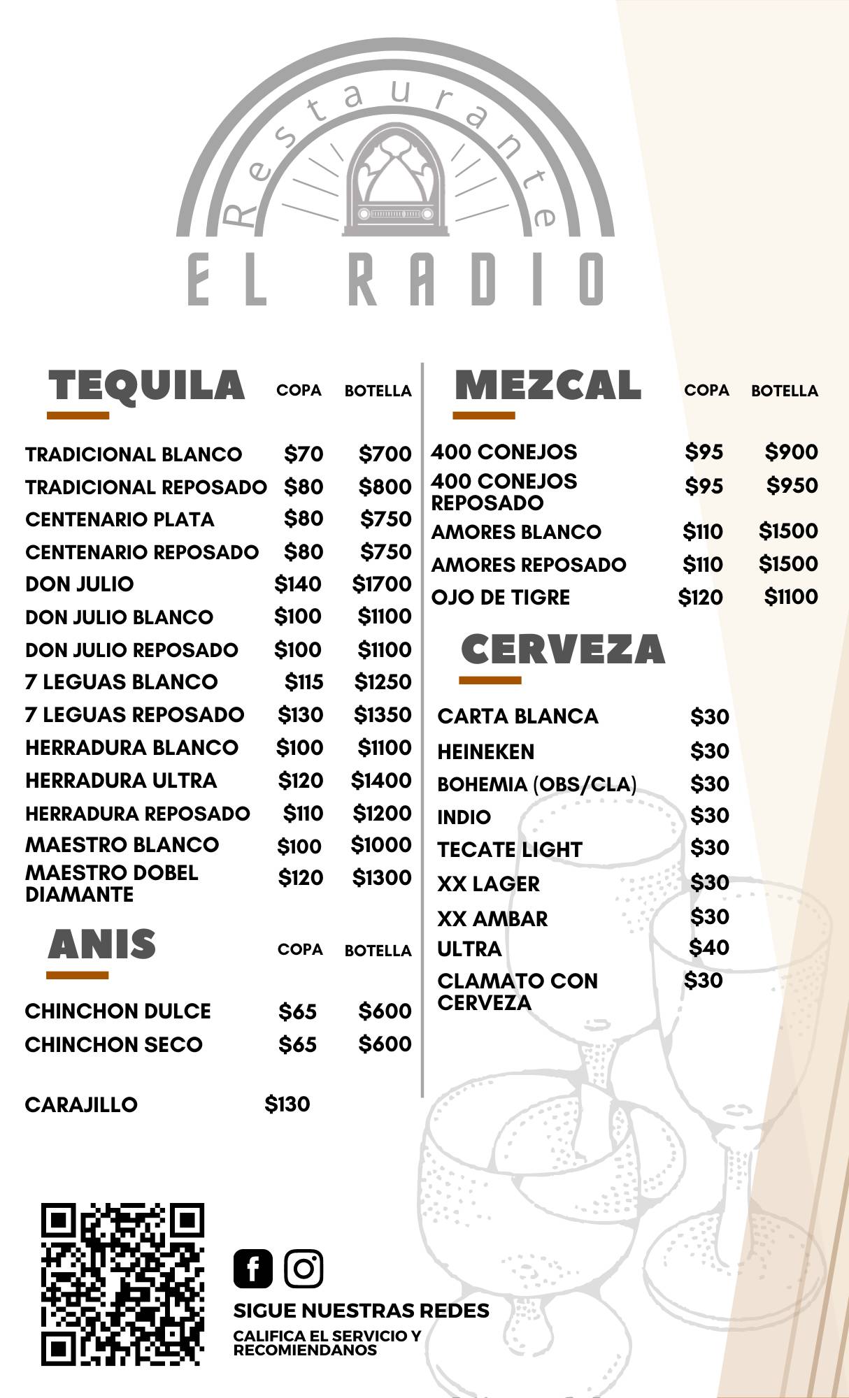 Carta de Restaurante El Radio, Saltillo
