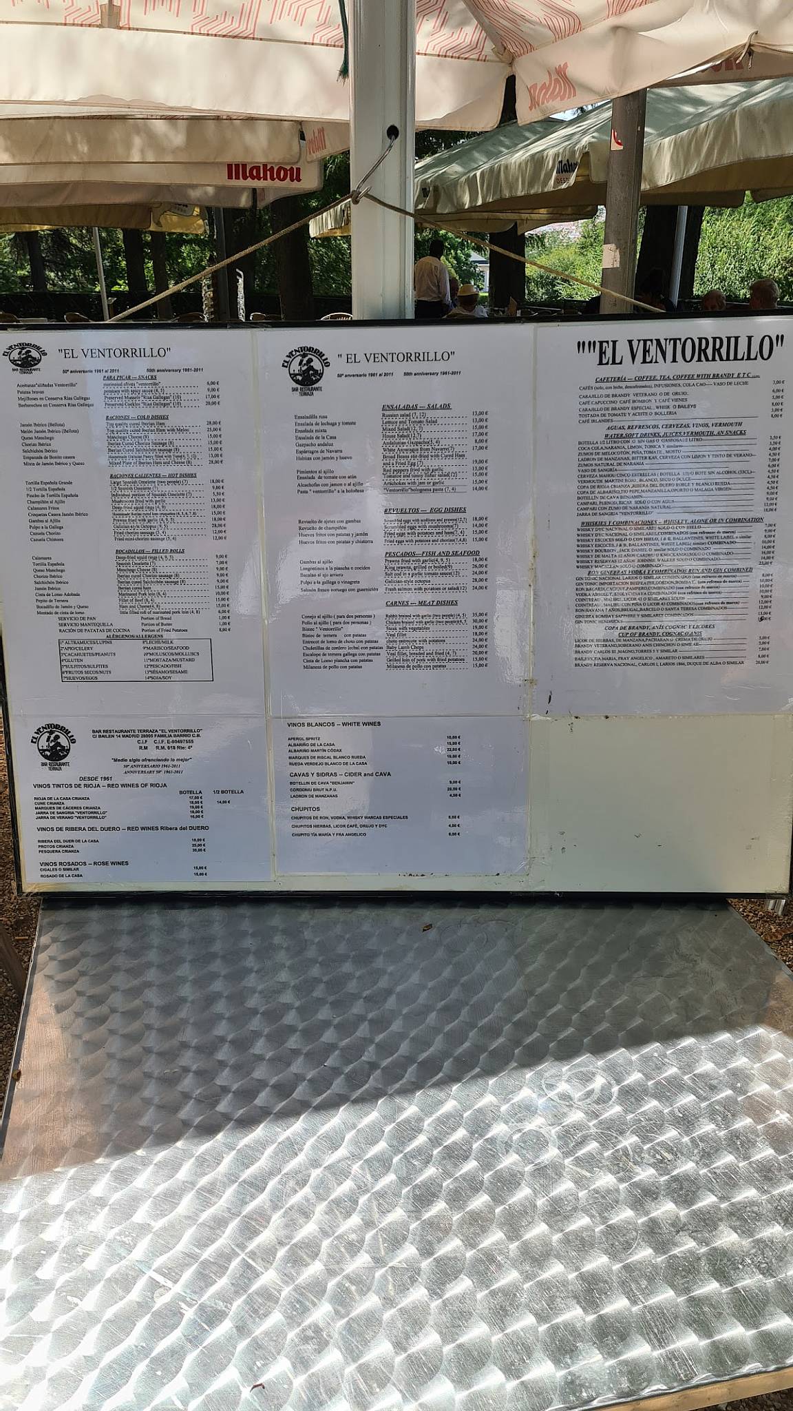 Carta del pub y bar El Ventorrillo, Madrid