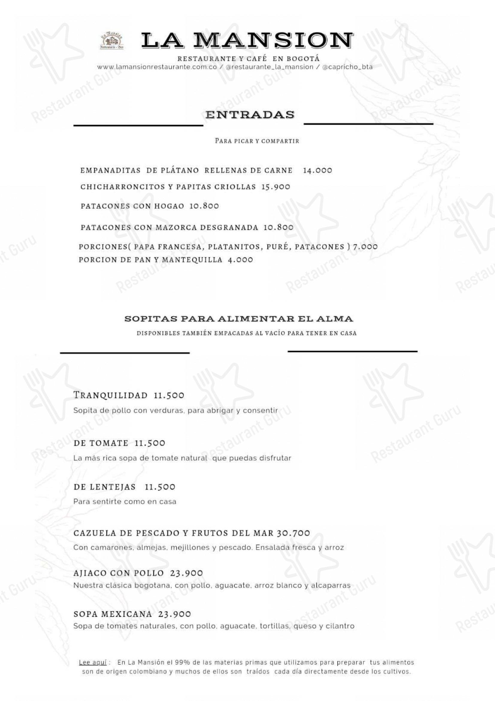 Carta de Restaurante La Mansión, Bogotá, Cl. 33 #13a-64