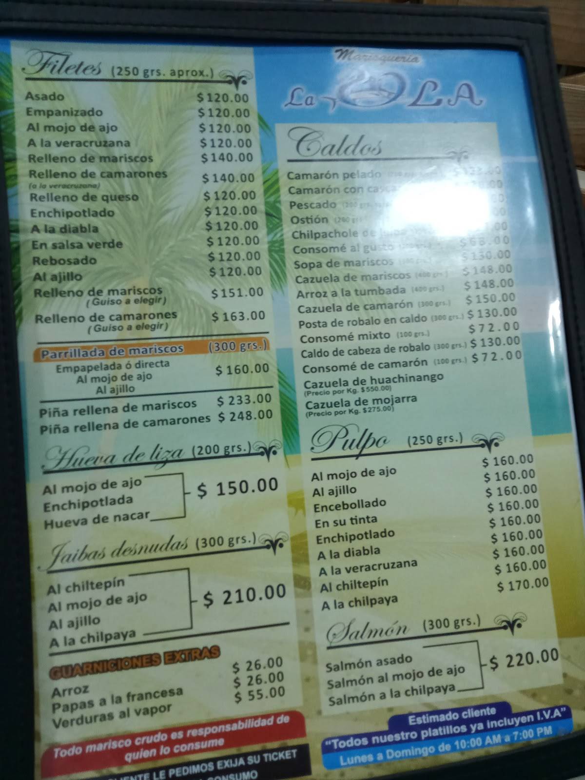 Carta del restaurante La Ola Marisquería, Heroica Puebla del Zaragoza ...