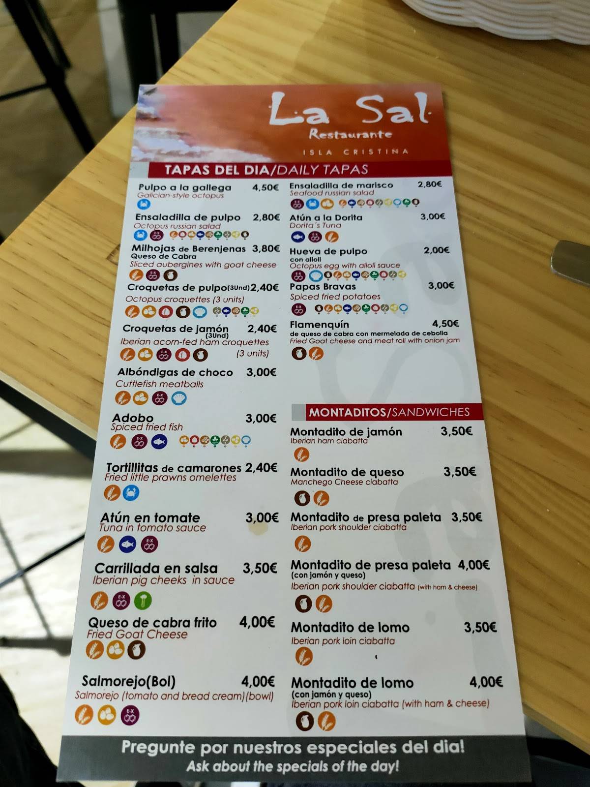 Carta de Restaurante La Sal, Isla Cristina