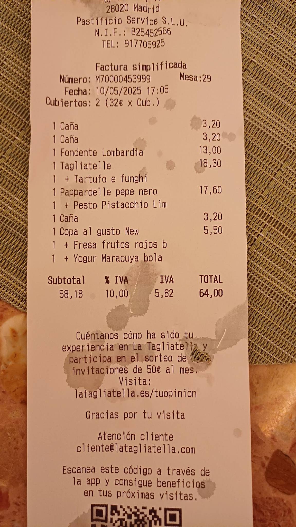 Carta de Restaurante La Tagliatella, Madrid, C. de Orense