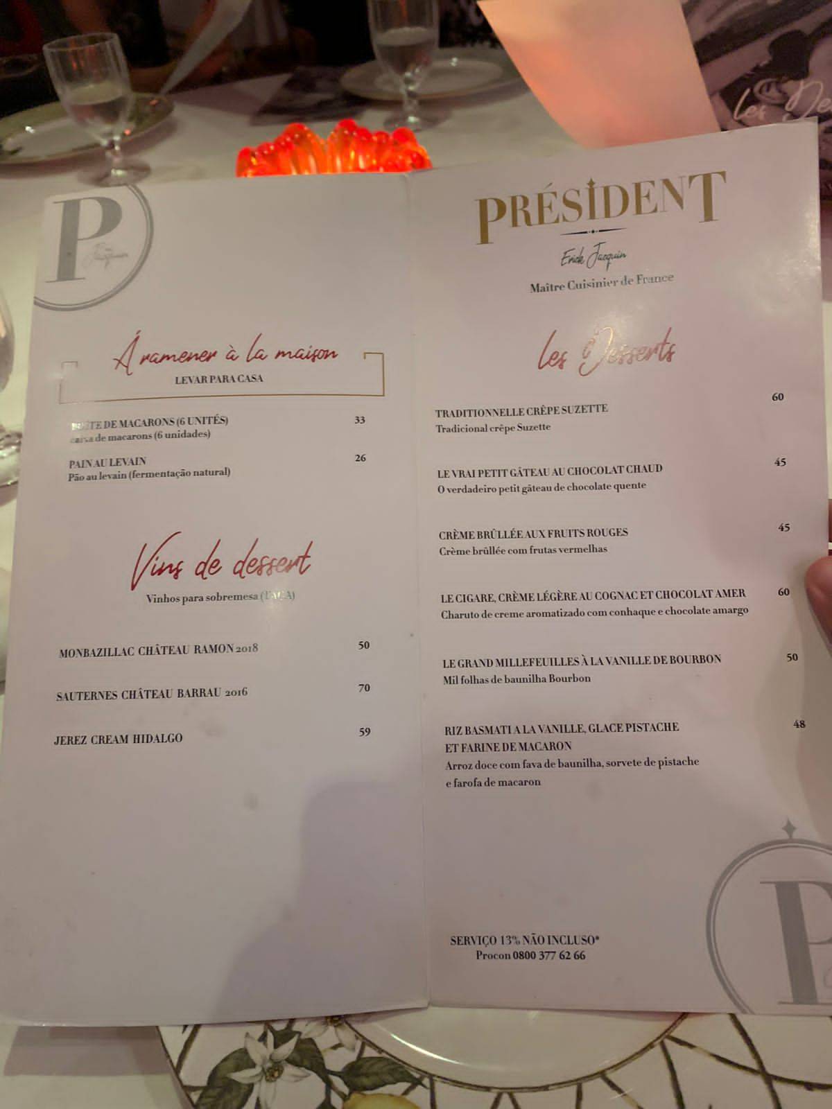 Menu em Restaurante Les Présidents - Erick Jacquin, São Paulo