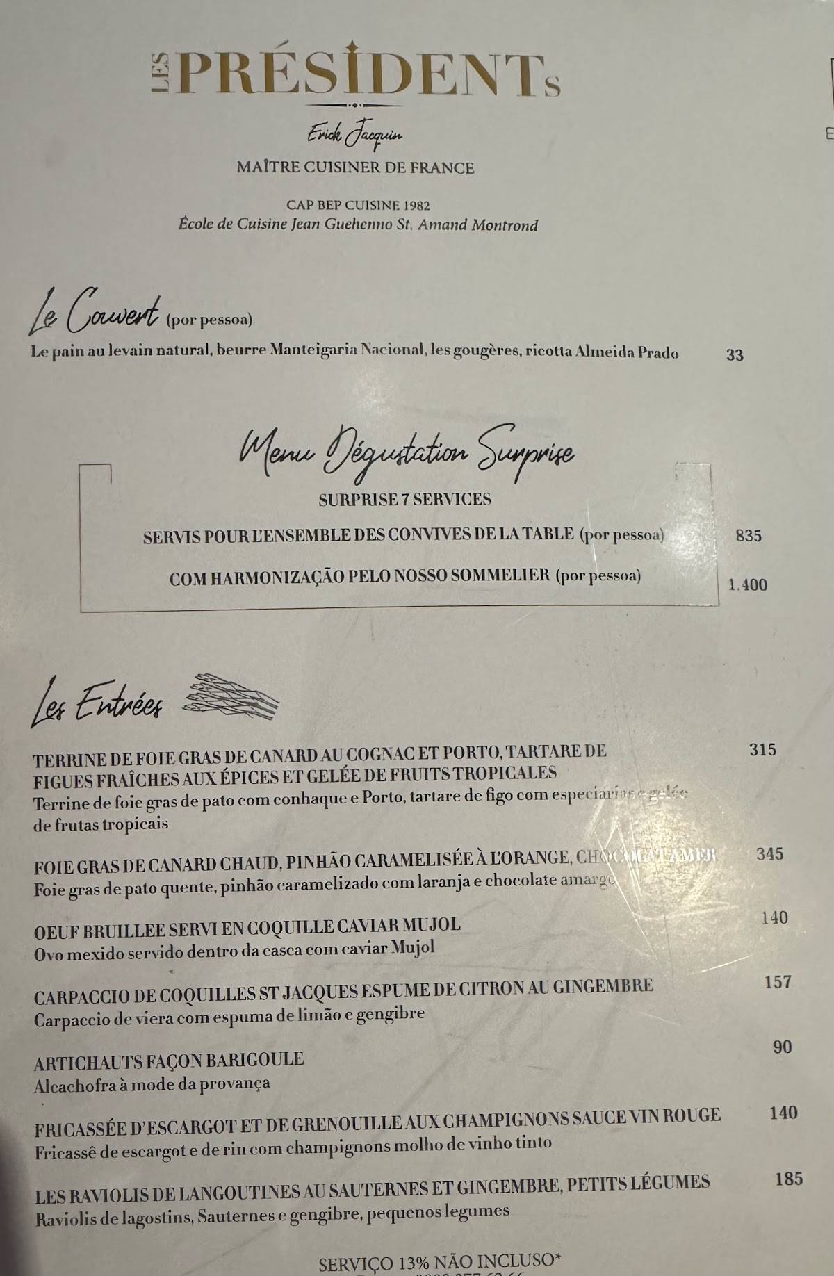 Menu em Restaurante Les Présidents - Erick Jacquin, São Paulo