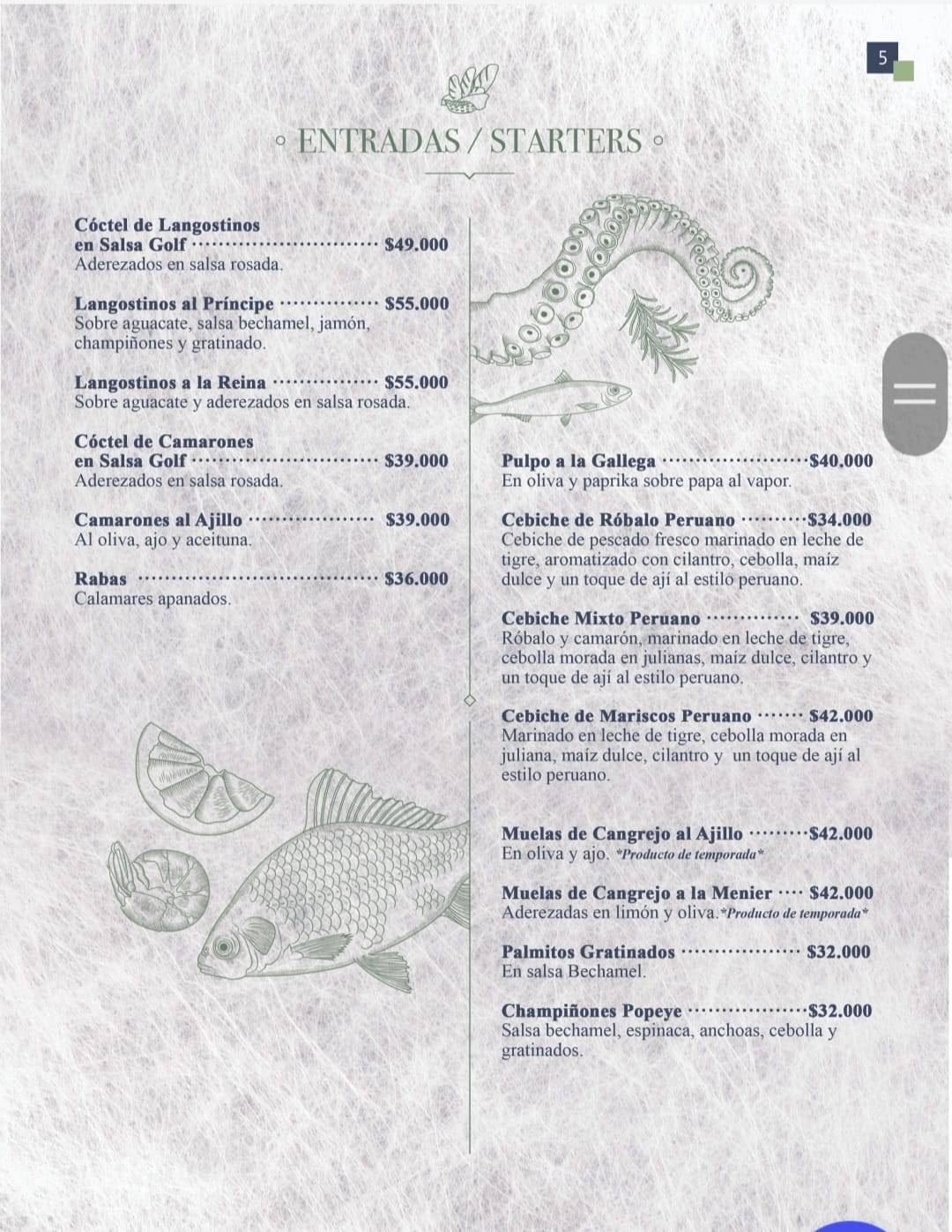 Carta de Restaurante Mar Azul, Bucaramanga