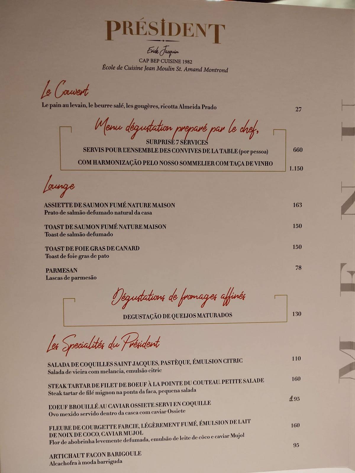 Menu em Restaurante Les Présidents - Erick Jacquin, São Paulo