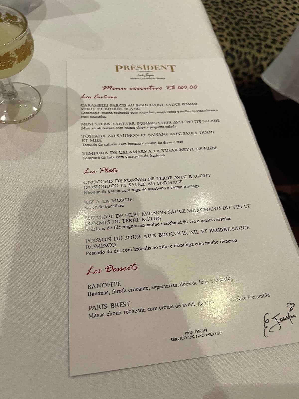 Menu em Restaurante Les Présidents - Erick Jacquin, São Paulo