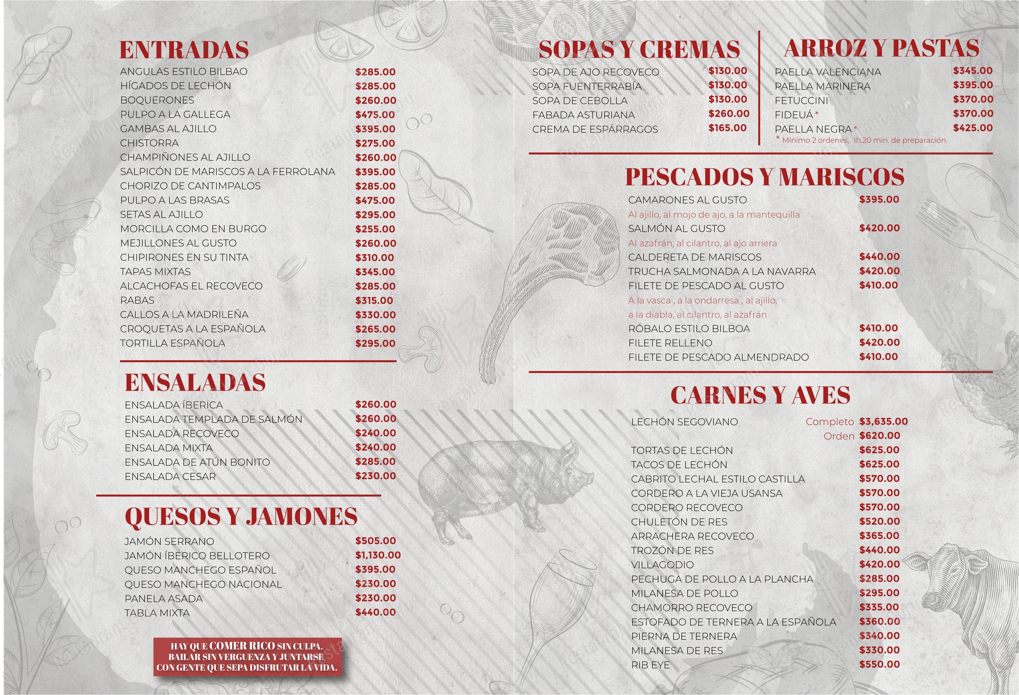 Carta de Restaurante Recoveco Español, Guadalajara