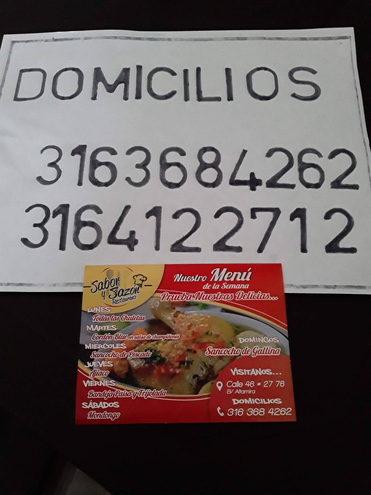 Carta de Restaurante Sabor y Sazón, Palmira